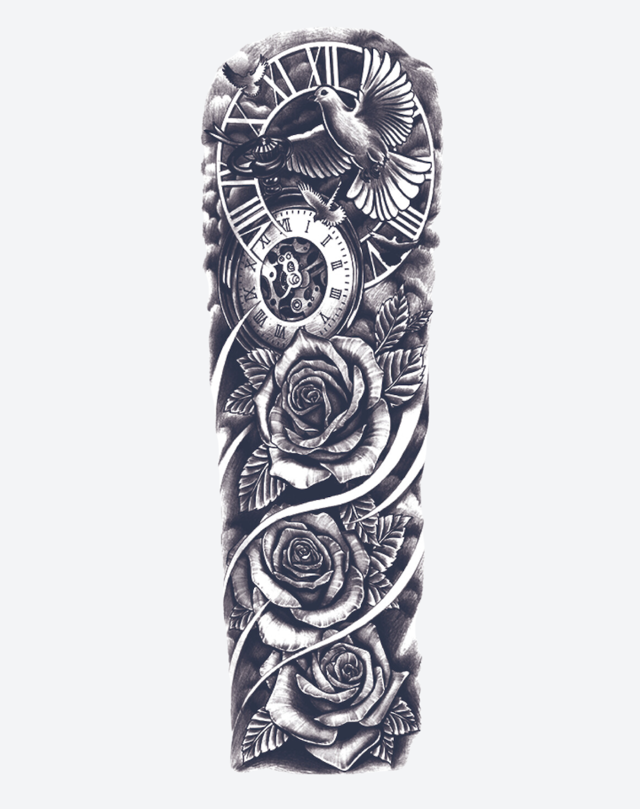 Dove, Clock & Roses Sleeve Temporary Tattoo. Lasts 1-2 Weeks. – EZINK™