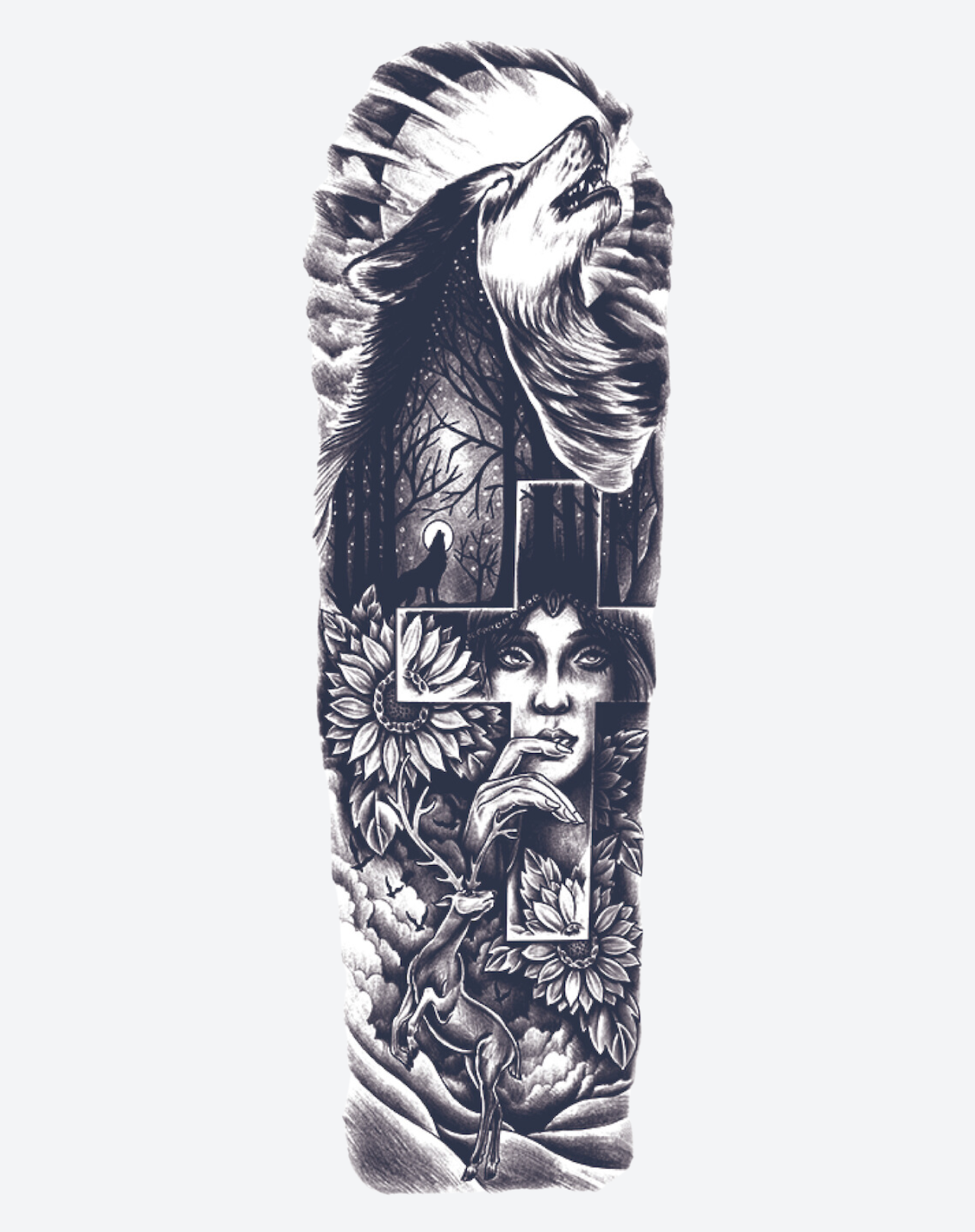Lady, Wolf and Cross Sleeve Temporary Tattoo. Lasts 1-2 Weeks. – EZINK™